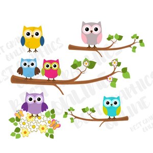 Owl Clipart Set, Cute Owl on a Branch Clipart, Rainbow Colors Owls Clip ...