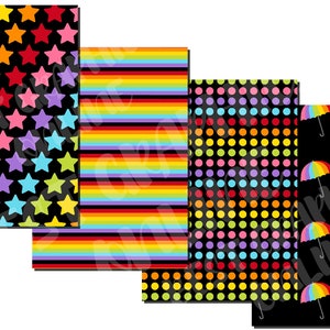 Black Rainbow Digital Paper, Rainbow Star Background Pattern Papers ...