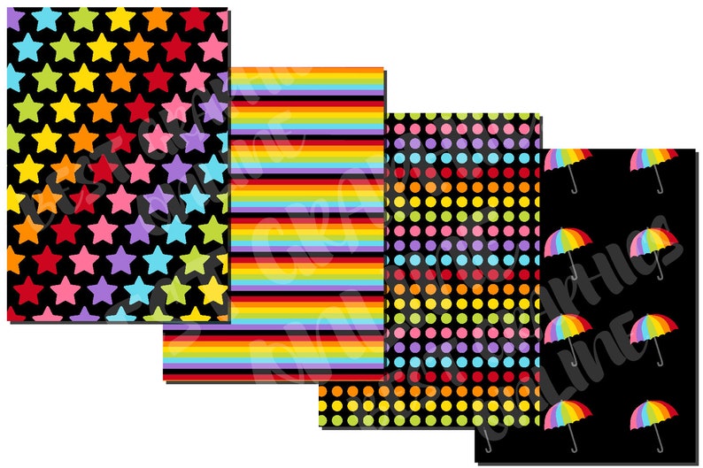 Black Rainbow Digital Paper, Rainbow Star Background Pattern Papers ...