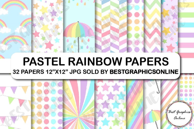 Pastel Rainbow Digital Paper Set, Scrapbooking Backgrounds (digital ...