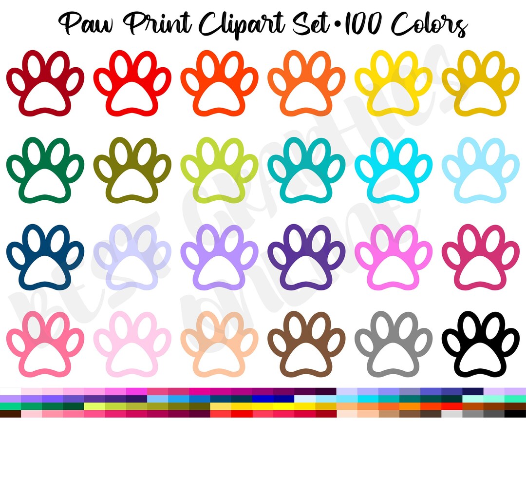100 Rainbow Colors Pawprint Clipart Set, Dog Paws Clipart Graphics Icon ...