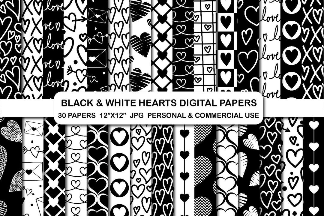 Black and White Valentines Digital Papers, Valentine's Day Black Heart ...