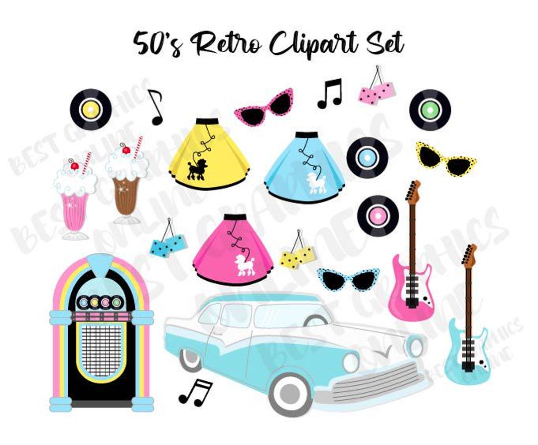 50's Retro Vintage Clipart, Vinyl Record Clipart, 50s Clipart Set ...