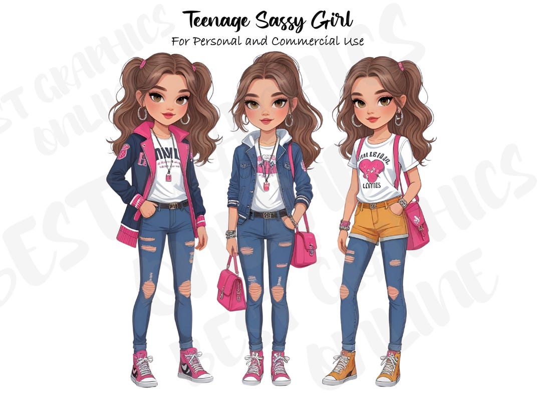 Teenage Girl Clipart Set, Sassy Teen Highschool Clipart, Young Girl ...