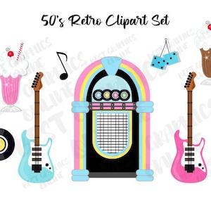 50's Retro Vintage Clipart, Vinyl Record Clipart, 50s Clipart Set ...