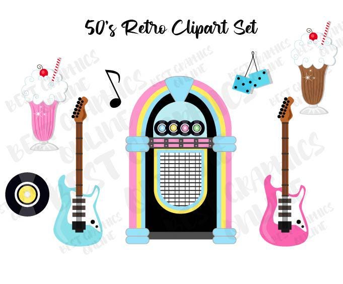 50's Retro Vintage Clipart, Vinyl Record Clipart, 50s Clipart Set ...