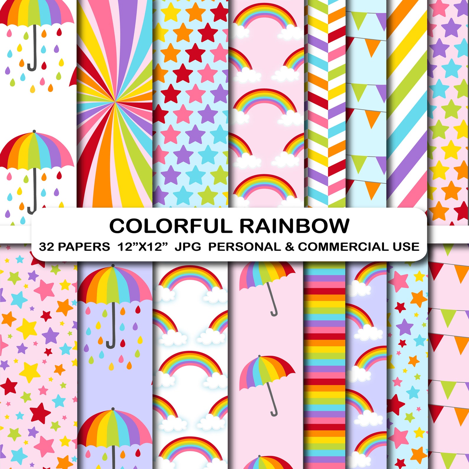 Rainbow Digital Paper Pack, Colorful Scrapbooking Papers (digital ...