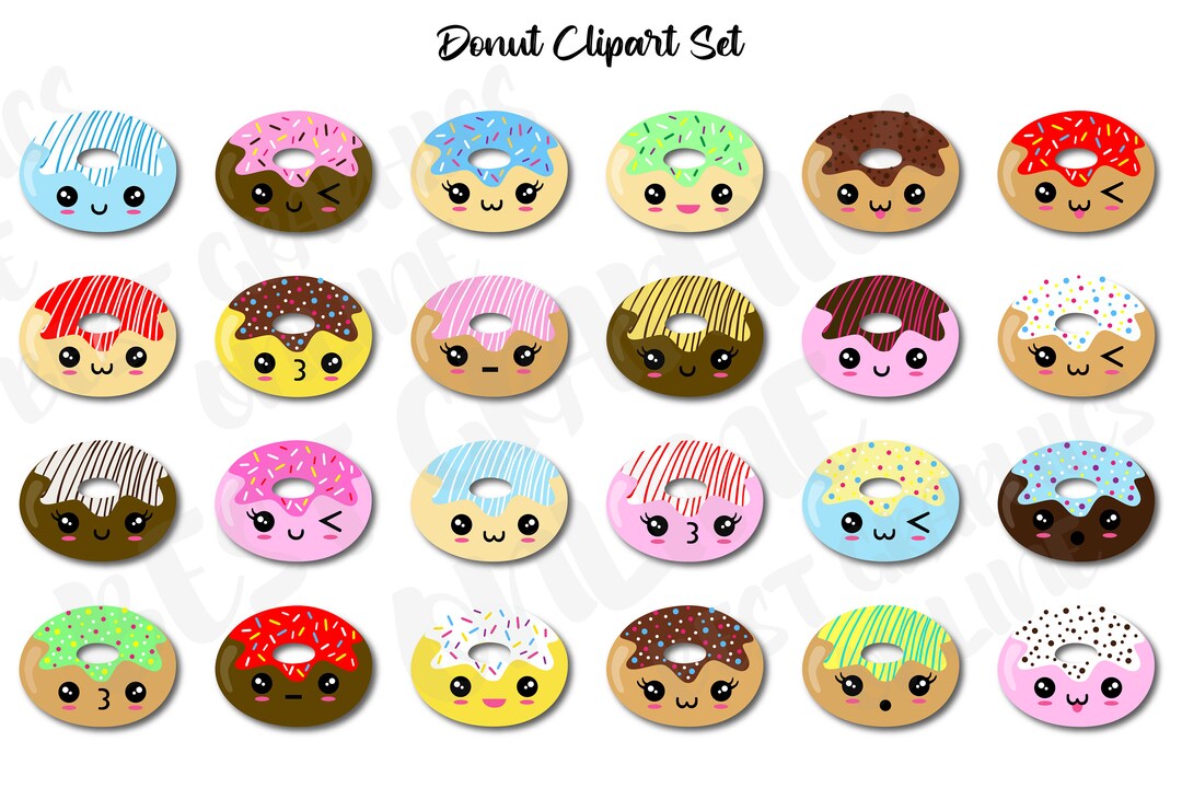Donuts Clipart Set, Clip Art Set of Cute Kawaii Donuts, Doughnuts ...
