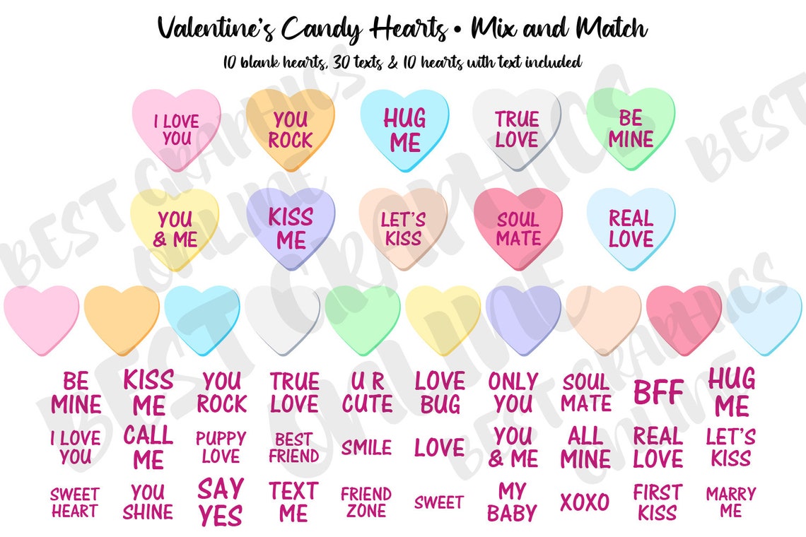 Valentines Day Candy Hearts Clipart Love Conversation Heart - Etsy