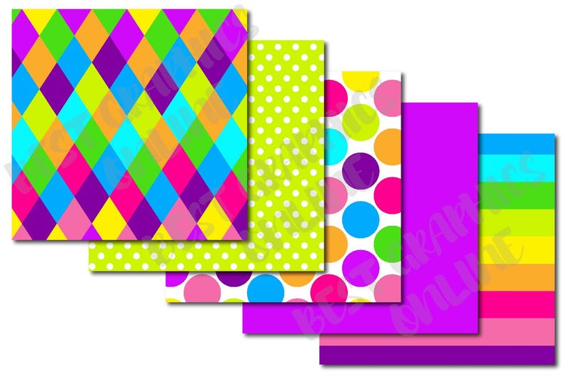 Bright Neon Digital Papers Pack, Bold Primary Colors, 34 Jpgs (digital ...