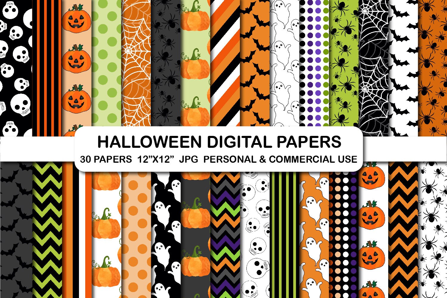 Halloween Digital Papers, Halloween Skulls Spiders Digital Papers ...