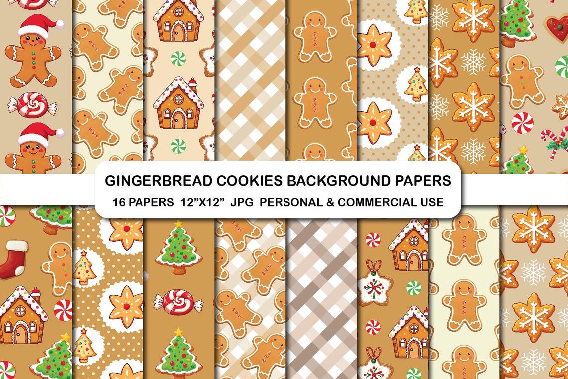 Gingerbread Cookies Digital Paper Pack, Christmas Backgrounds (16 JPG ...