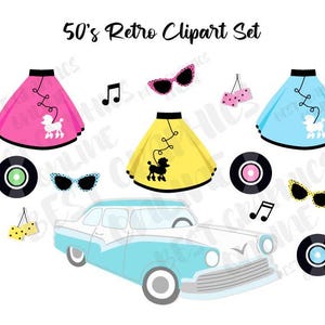 50's Retro Vintage Clipart, Vinyl Record Clipart, 50s Clipart Set ...