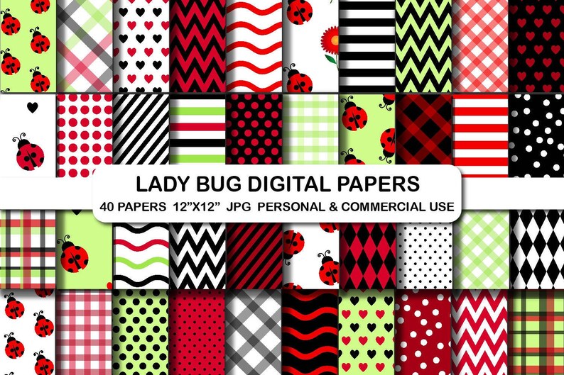 Ladybug Digital Background Papers, Little Lady Bug Red and Black ...