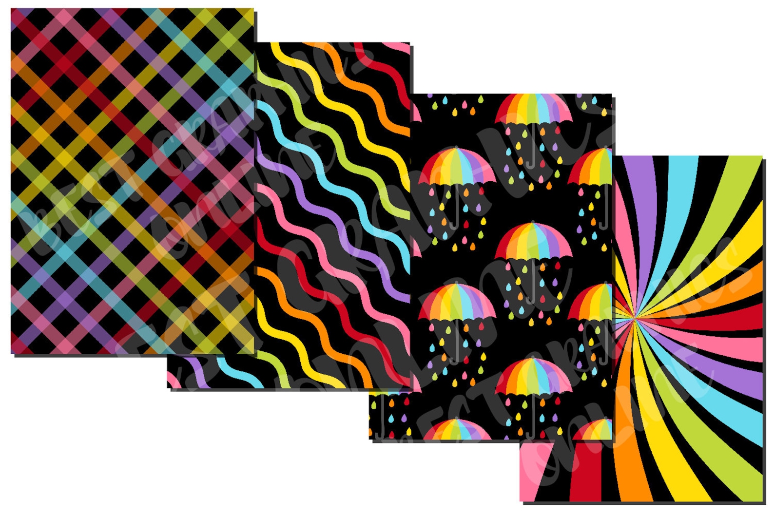 Black Rainbow Digital Paper, Rainbow Star Background Pattern Papers ...