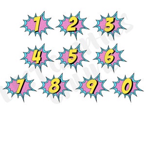 Superhero Numbers Clipart, Cartoon Numbers Clipart Set, Yellow and Red ...