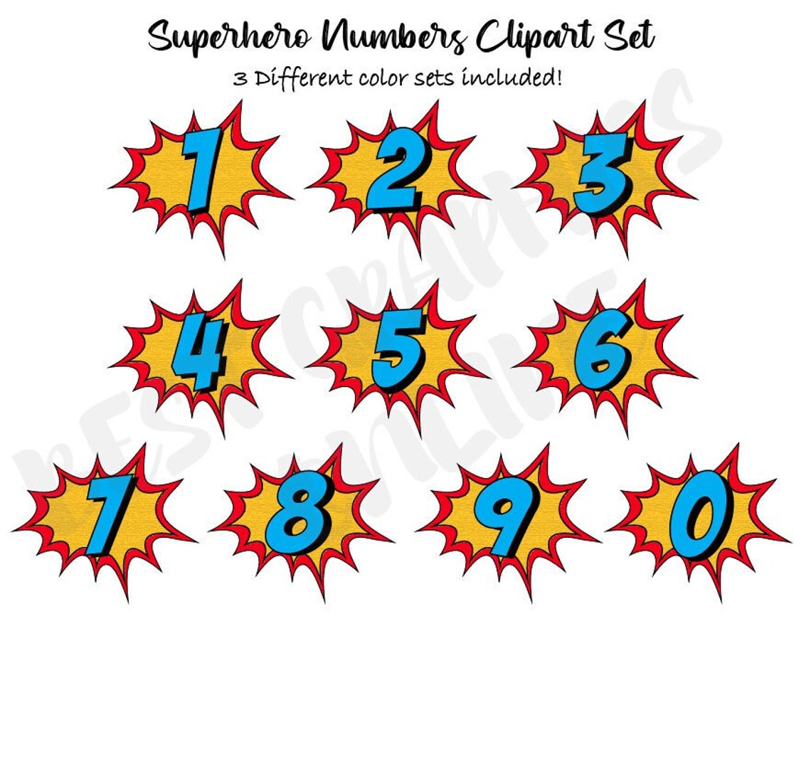 Superhero Numbers Clipart Cartoon Numbers Clipart Set Yellow - Etsy