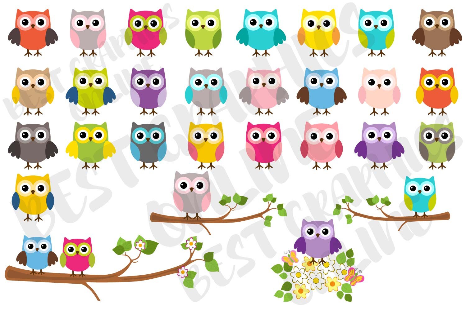 Owl Clipart Set Cute Owl on a Branch Clipart Rainbow Colors - Etsy UK