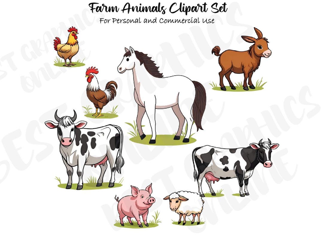 Farm Animals Clipart Set, Horse, Chicken, Sheep, Cow, Pig, Rooster ...