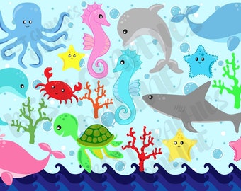 Sea Animal Clipart, Sea Creatures Clip Art, Fish, Turtle, Starfish ...