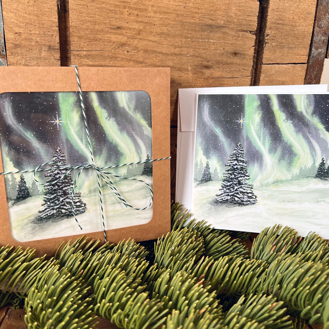 Northern Lights Greeting Card Set With Envelopes, Christmas Gift Card ...