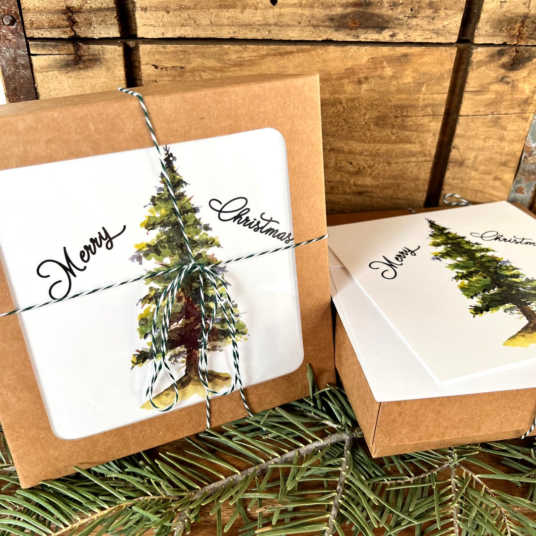 Pine Tree Greeting Card Set With Envelopes, Watercolor Merry Christmas ...