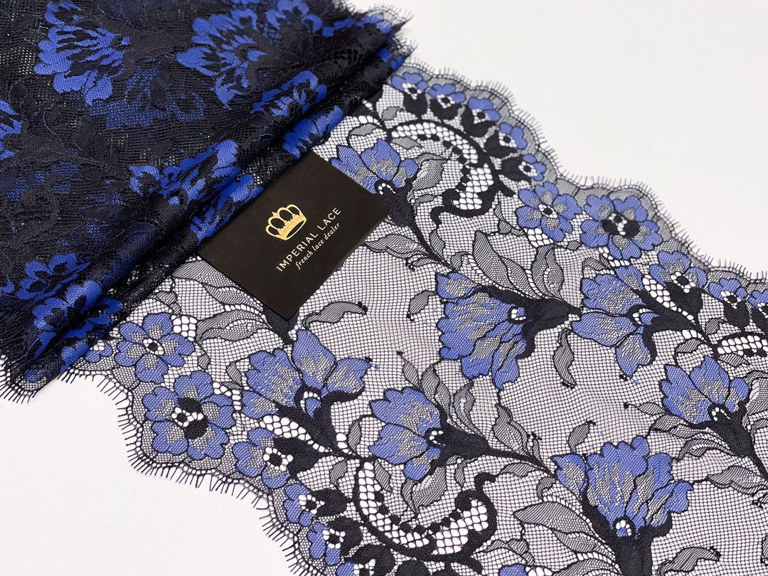 Black With Blue Flowers Lace Trim, Chantilly Lace, Boho Lace, Bridal ...