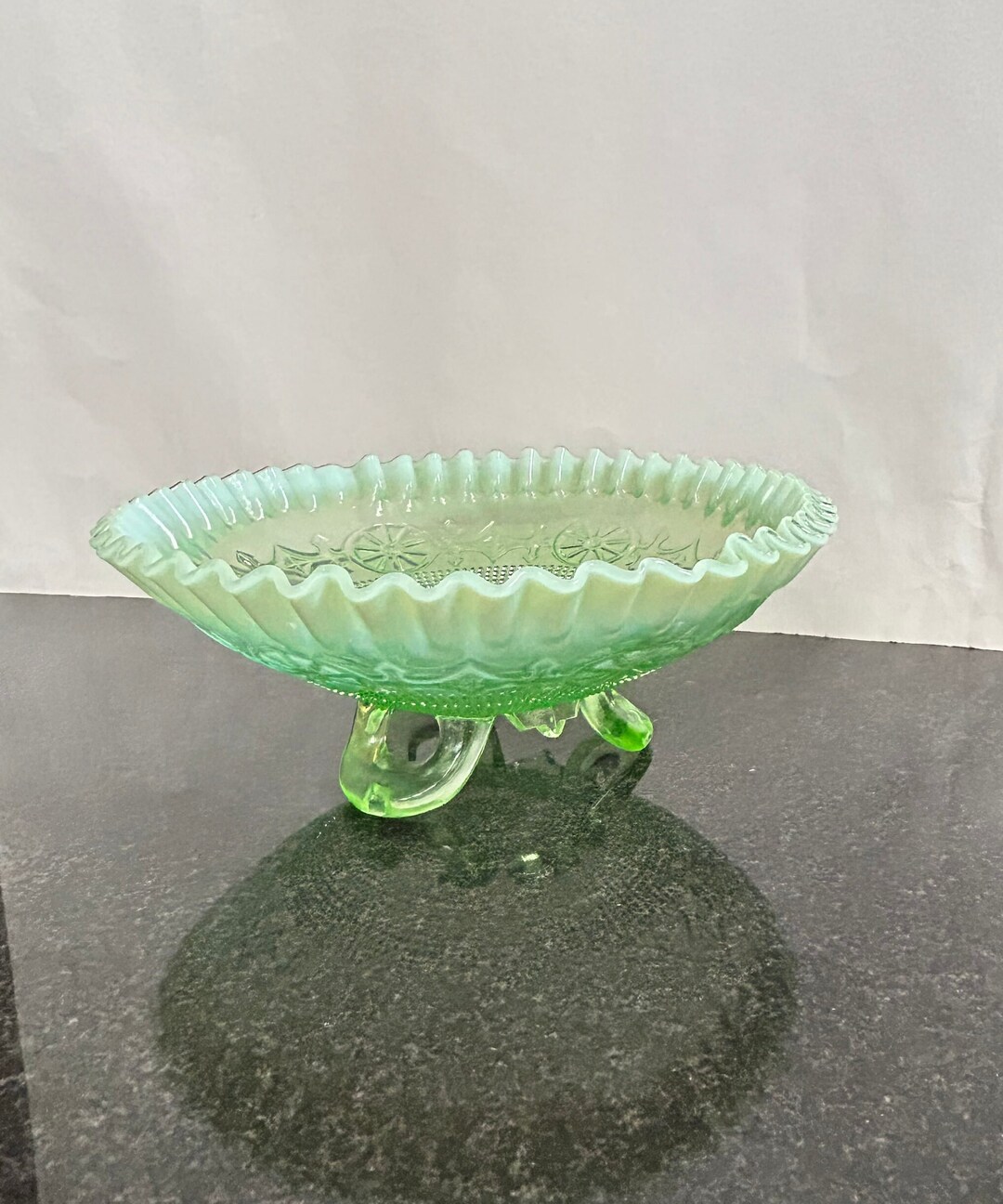 Antique Round Crimped Tri-footed Bowl Wheel Gate Green Opalescent by ...
