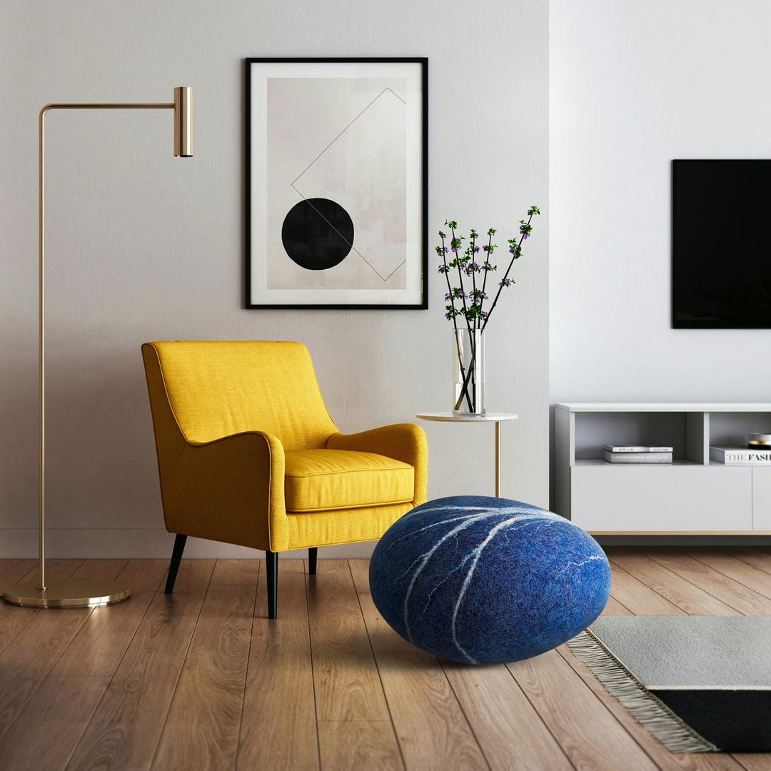 Stone-pouf by KATSU, Model «blue Flash», Natural Wool - Etsy