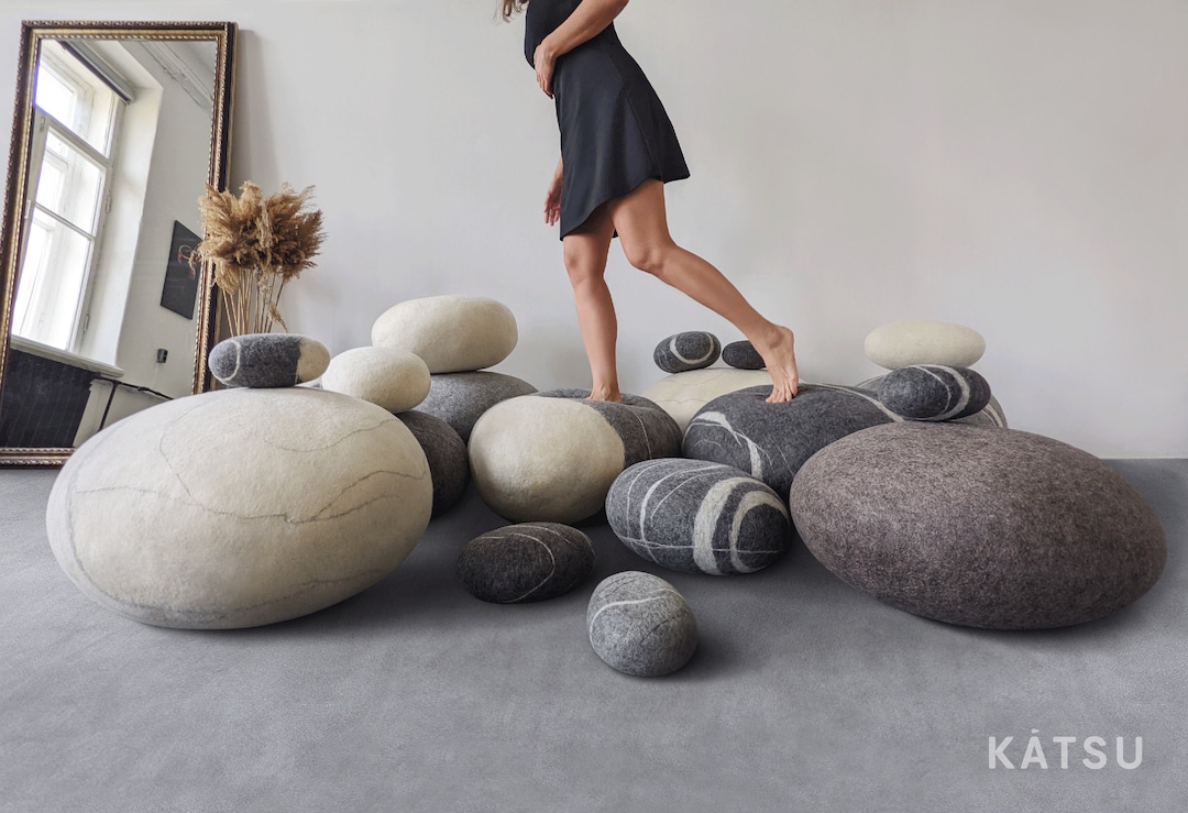 Pouf Stone, Wool Felted Ottoman and Footstool, Rock Cushions, Nature ...