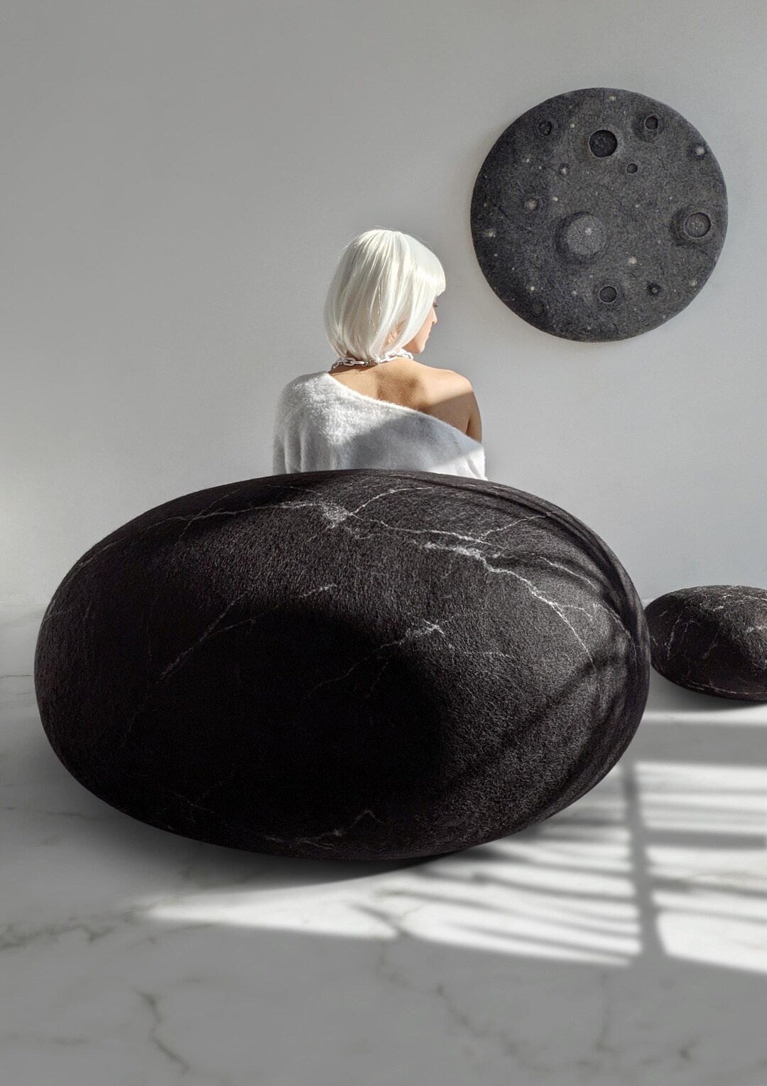 Natural Felted Wool. Soft Stone-pouf. Model black Marble. Like Real ...