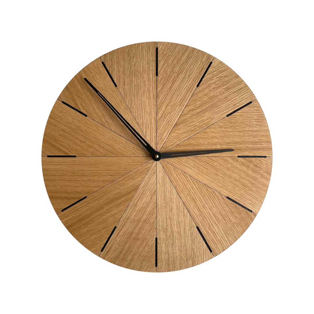 Oak Minimalist Wall Clock: Large Modern Wooden Clock, Black Accents ...
