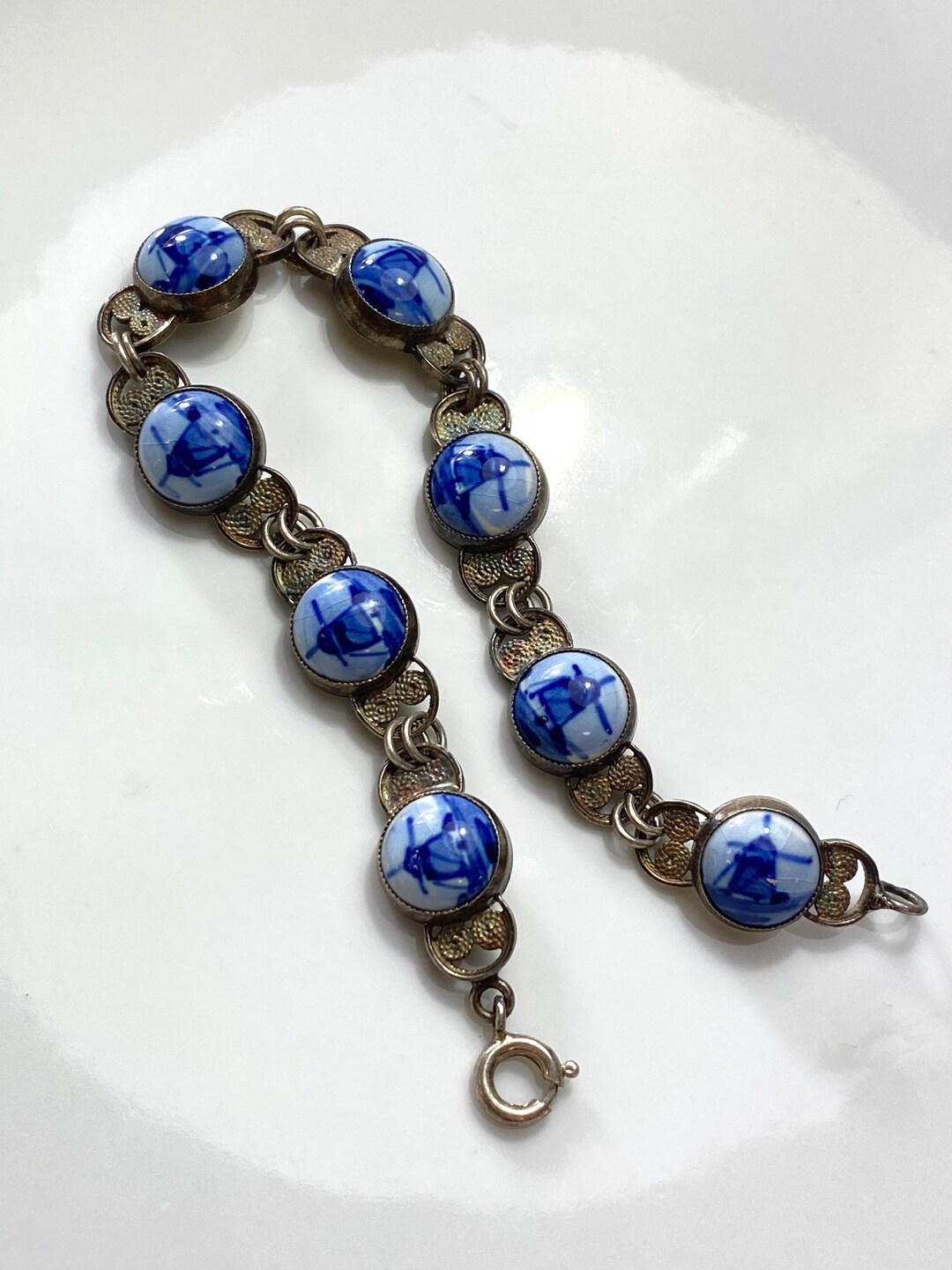 Delft Blue Dutch 1940s Porcelain 800 Silver Bracelet Vintage Estate ...