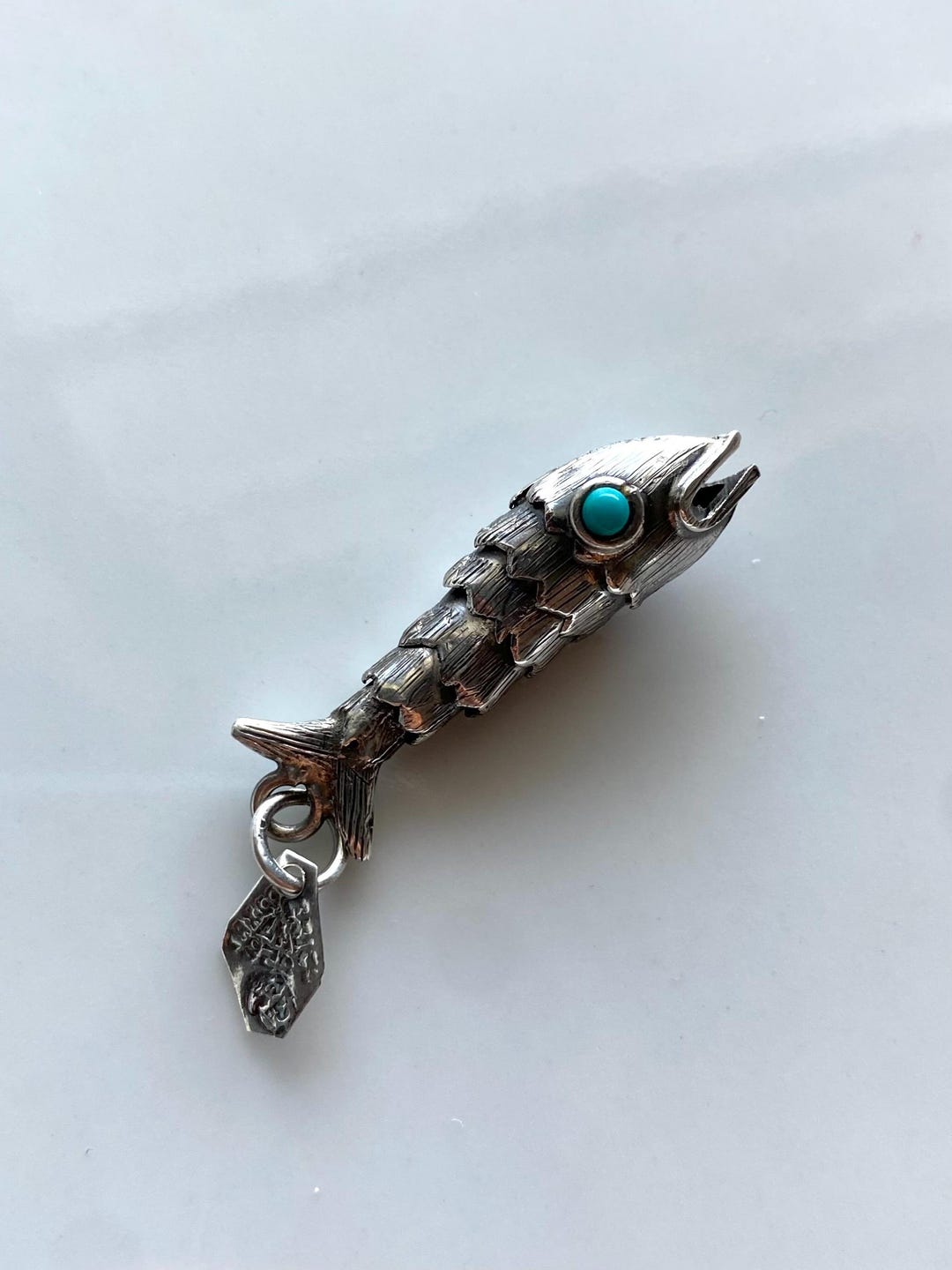 Mexico Sterling Fish Charm, Vintage Articulated Fish Pendant, Turquoise ...