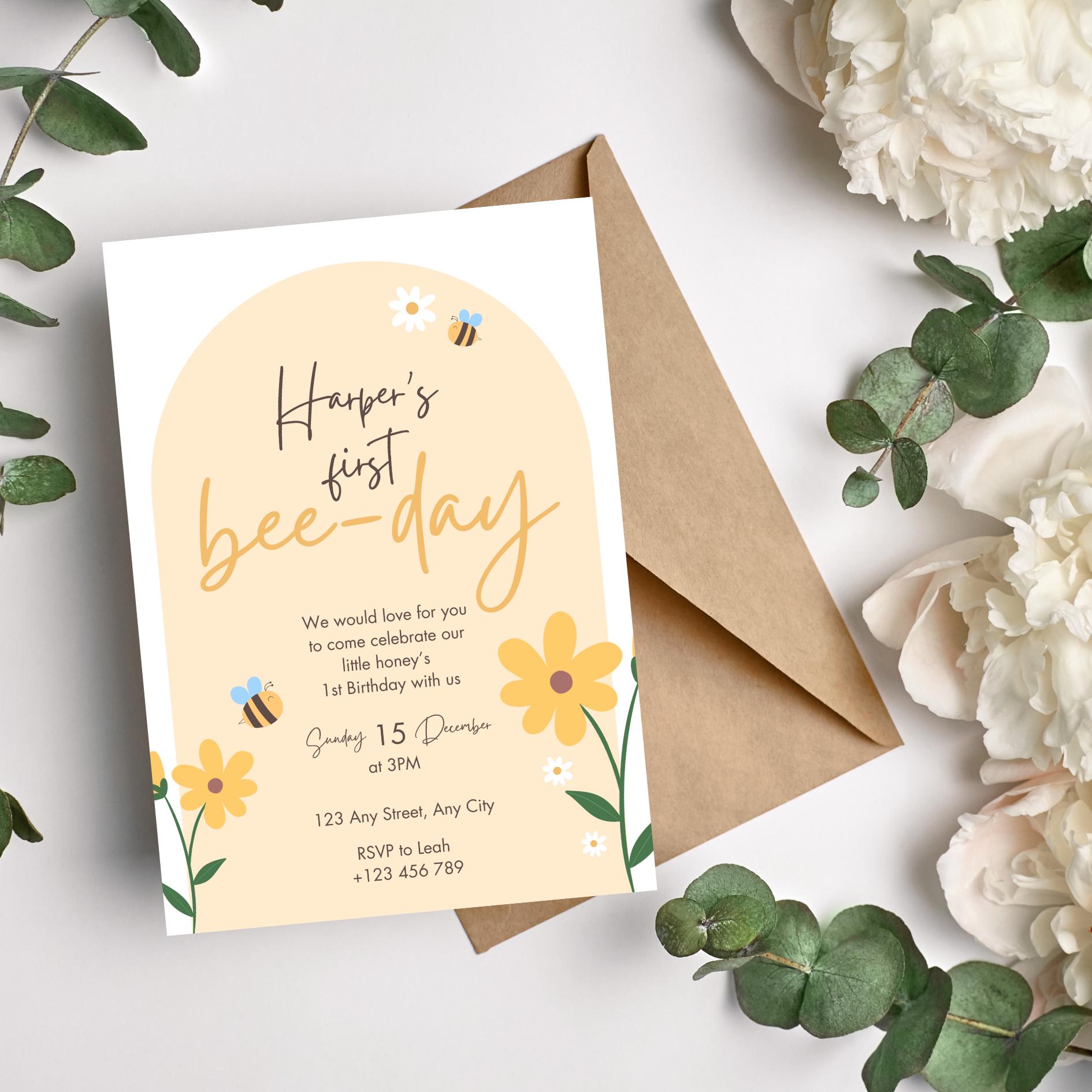 Editable Bee-themed First Birthday Invitation Template | First Bee-day ...