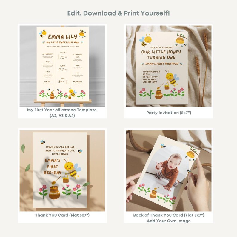 Bee Birthday Party Bundle: Editable Canva Templates (digital Download ...