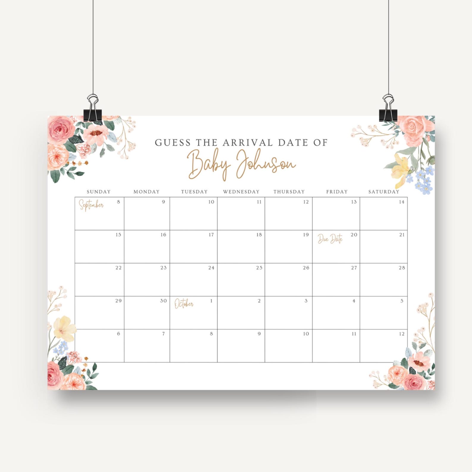 Editable Baby Arrival Date Calendar, Baby Due Date Calendar Floral ...