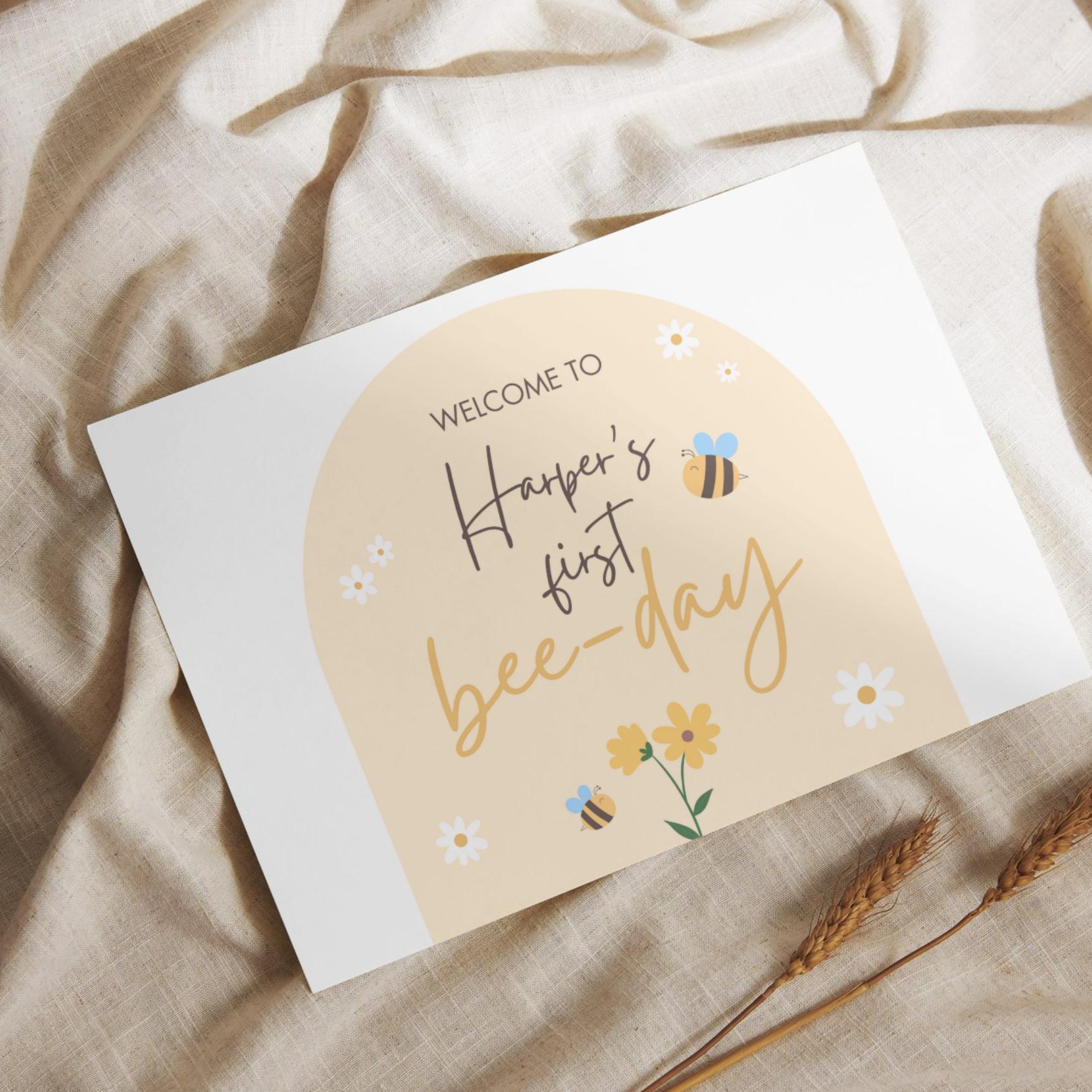 First Bee-day Party Welcome Sign | Editable Canva Template A1 | Bee ...
