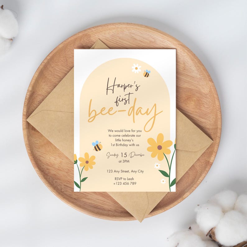 Editable Bee-themed First Birthday Invitation Template | First Bee-day ...
