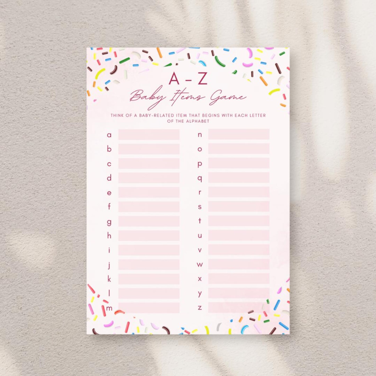 Printable Alphabet Baby Shower Game, Baby Sprinkle Theme, Girls Baby ...
