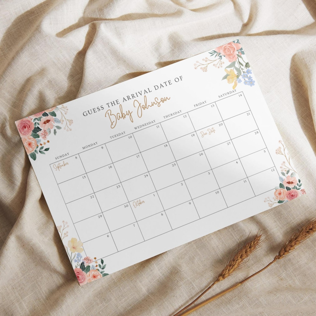 Editable Baby Arrival Date Calendar, Baby Due Date Calendar Floral ...