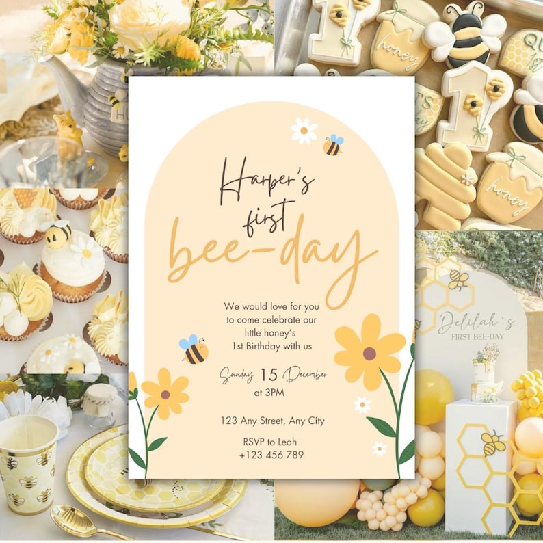 Editable Bee-themed First Birthday Invitation Template | First Bee-day ...