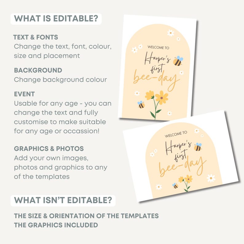 First Bee-day Party Welcome Sign | Editable Canva Template A1 | Bee ...