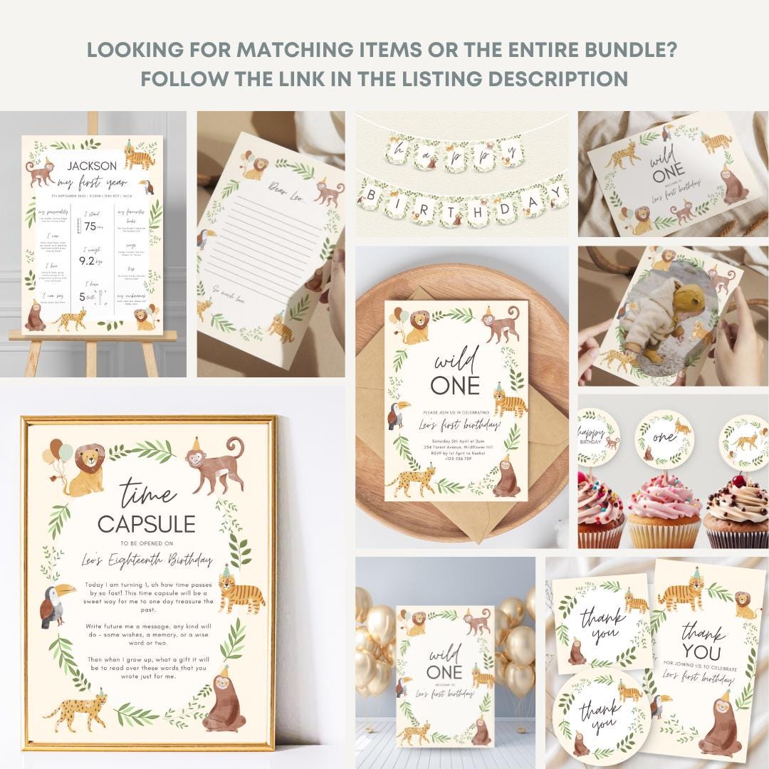 Wild One First Birthday Invitation, DIY Editable Canva Template, Jungle ...