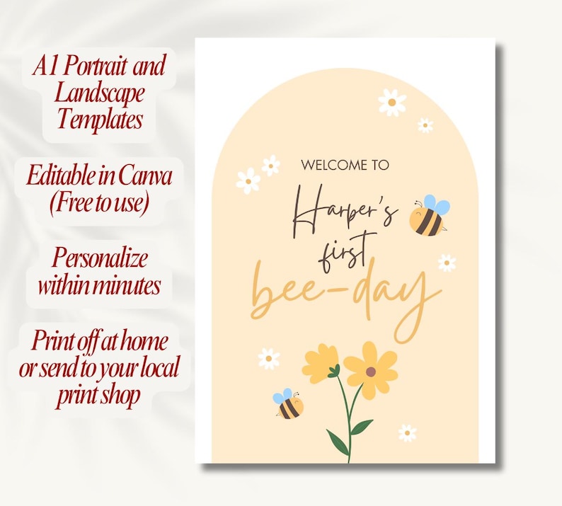 Editable Bee Birthday Welcome Sign: First Bee-day Party Decor (A1 Canva ...