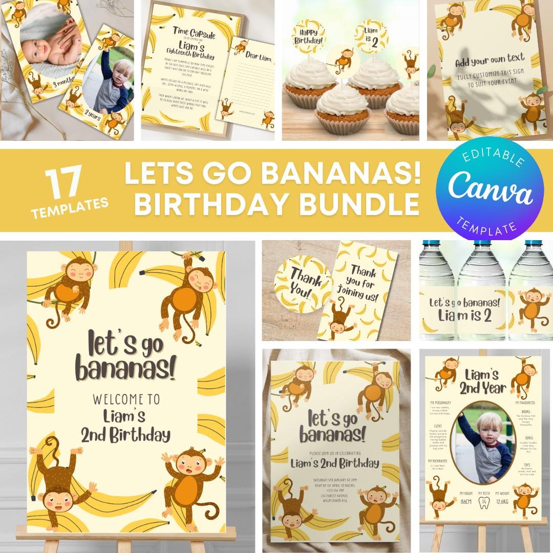 Let's Go Bananas Party Bundle | Monkey Theme Birthday | Editable Canva ...