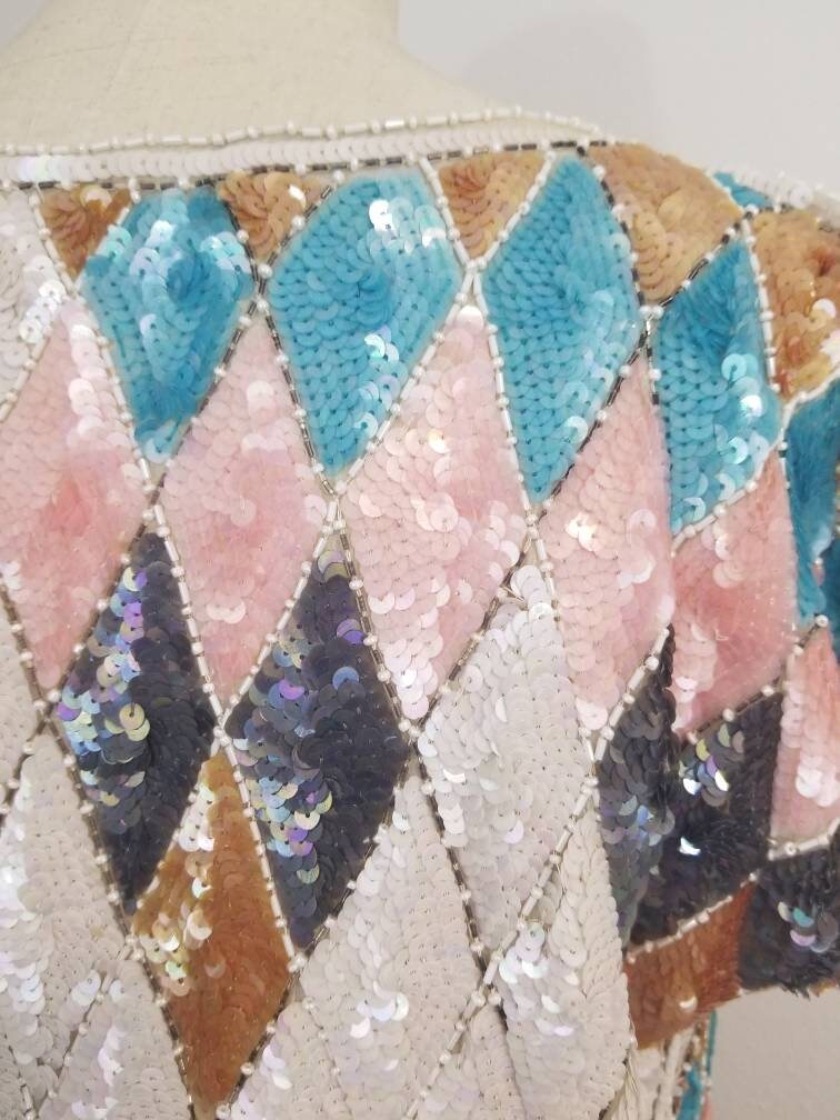 Vintage Sequin and Beaded Top/ Harlequin/ Pastel - Etsy