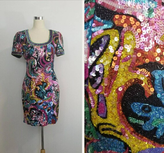 RARE * Vintage Sequin & Beaded Dress/ Rainbow / Color… - Gem