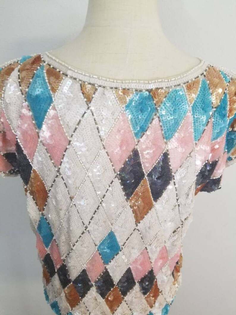 Vintage Sequin and Beaded Top/ Harlequin/ Pastel - Etsy