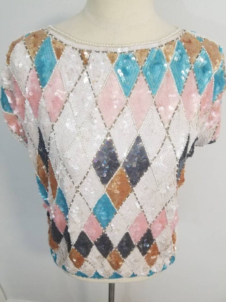 Vintage Sequin and Beaded Top/ Harlequin/ Pastel - Etsy